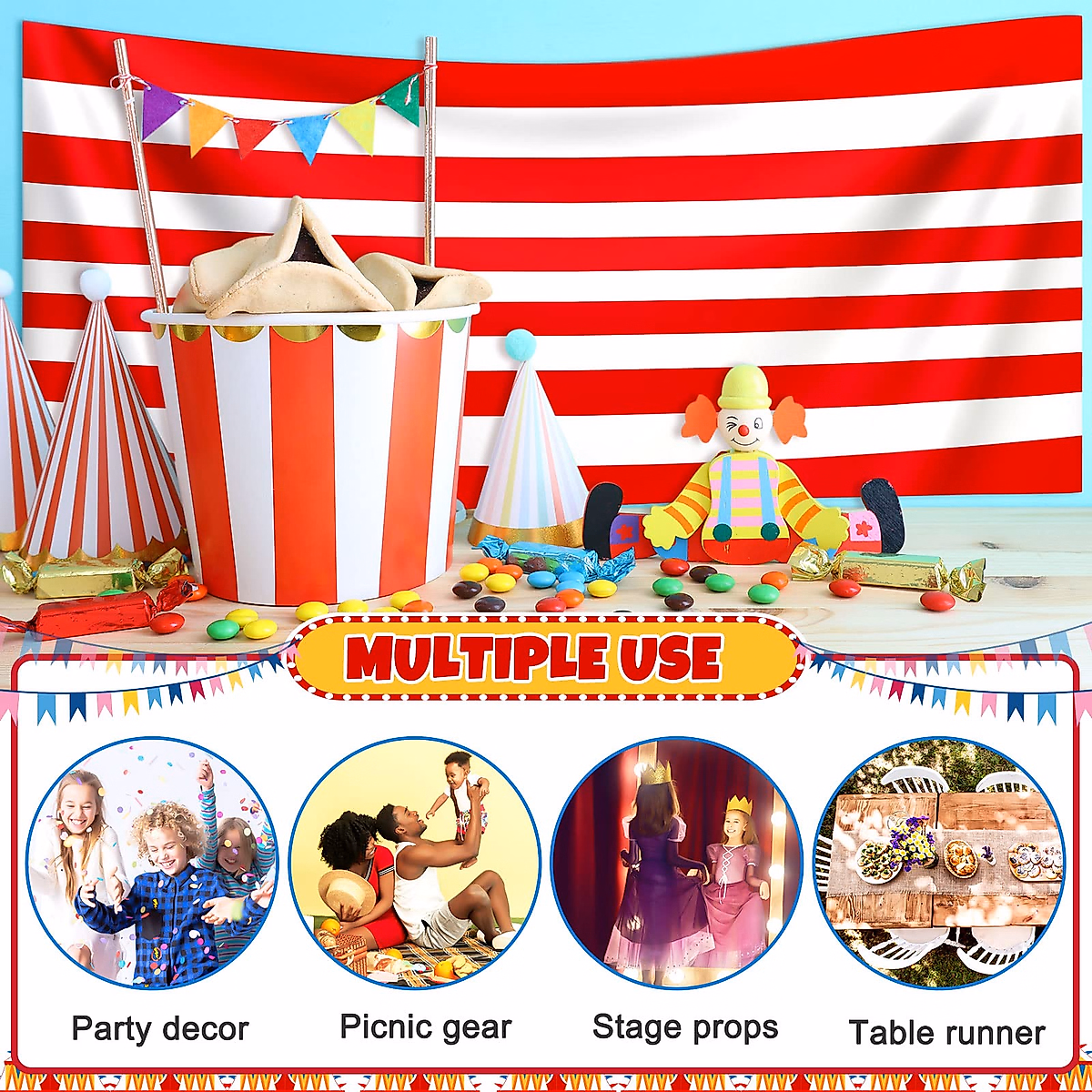 Boao 2 Pcs Carnival Circus Party Supplies Red and White Striped Aisle Runners Carnival Theme Party Floor Decor 24 in x 10 ft for Birthday Carnival Party Decorations