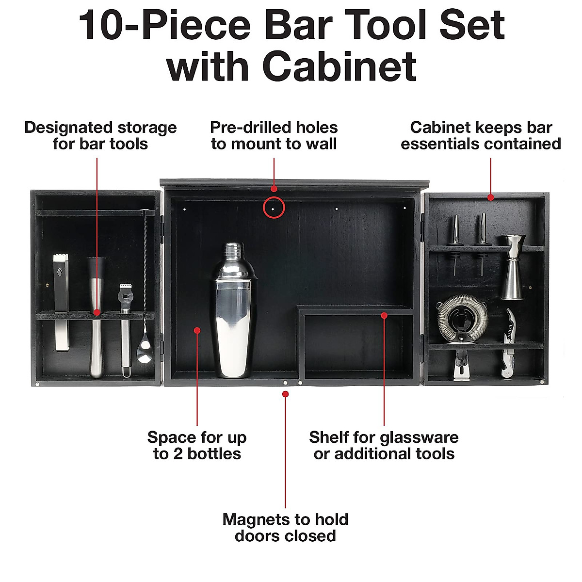 Excello Global Products Barndoor Bartender Cabinet with 10 Piece Bar Tool Set: The Perfect Kit for Home Bartenders (Black)