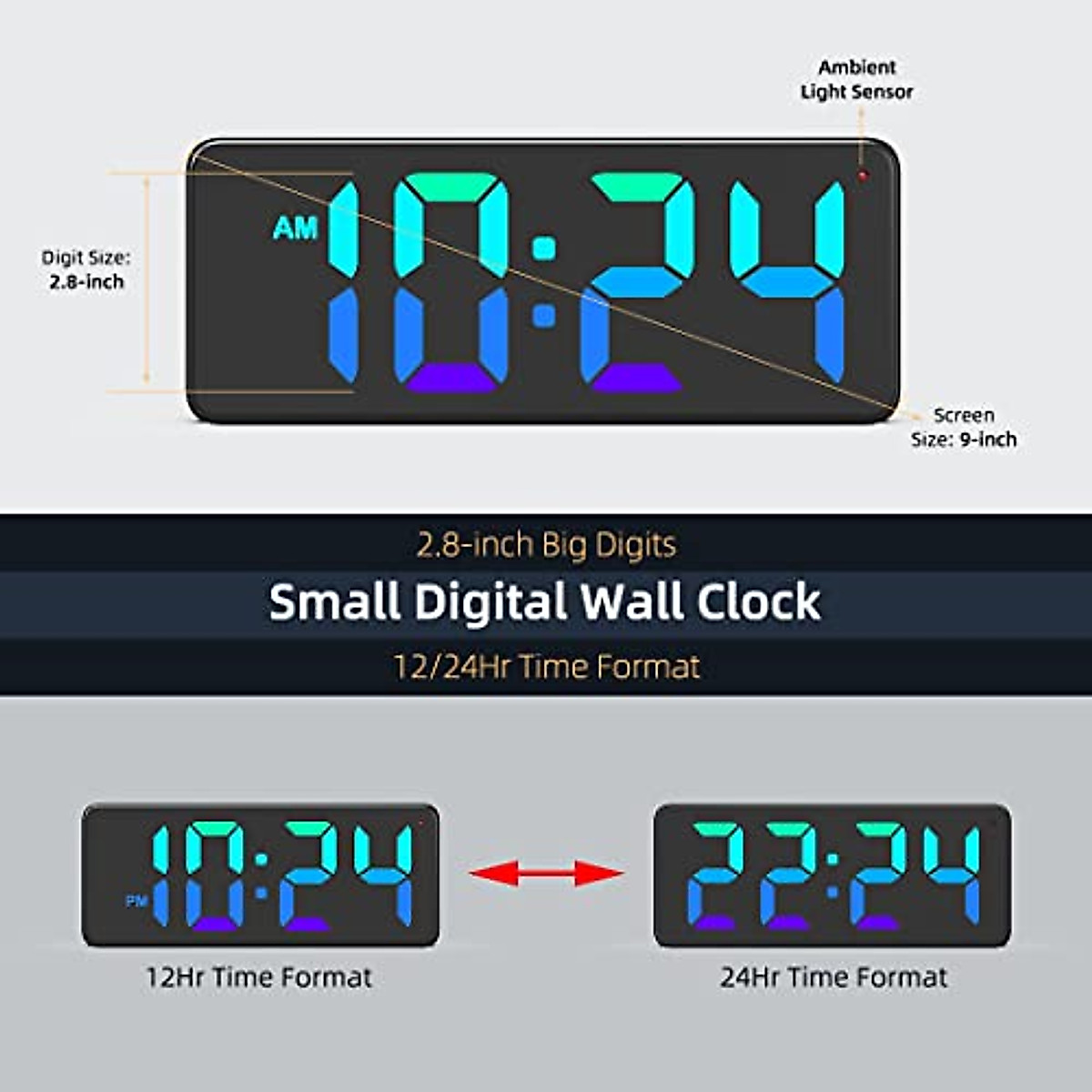 XUANZIT Wall Clock - LED Digital Wall Clock with Dynamic RGB Display, Big Digits, Auto-Dimming, 12/24Hr Format, Small Silent Wall Clock for Living Room, Bedroom, Farmhouse, Kitchen, Office