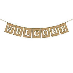 Vintage Rustic Jute Burlap Welcome Banner Home Fireplace Mantel Garland Decoration
