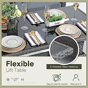 SUNSITT Outdoor Patio Furniture Set 6 Piece Wicker Conversation Set with Lift Coffee Table Sectional Dining Set 3 Seat Sofa Couch with Ottoman, Grey Wicker & Grey Cushion