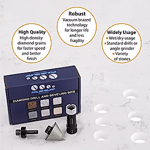 Diamond Core Drill Bits 1 Inch and Beveling Chamfer Bits 2 Inch Kit Vacuum Brazed Hole Saw with 5/8-11 Thread Plus 3/8 Inch Hex Shank Adapter (Set-1 with 1" (25mm) Diamond Drill Bit)