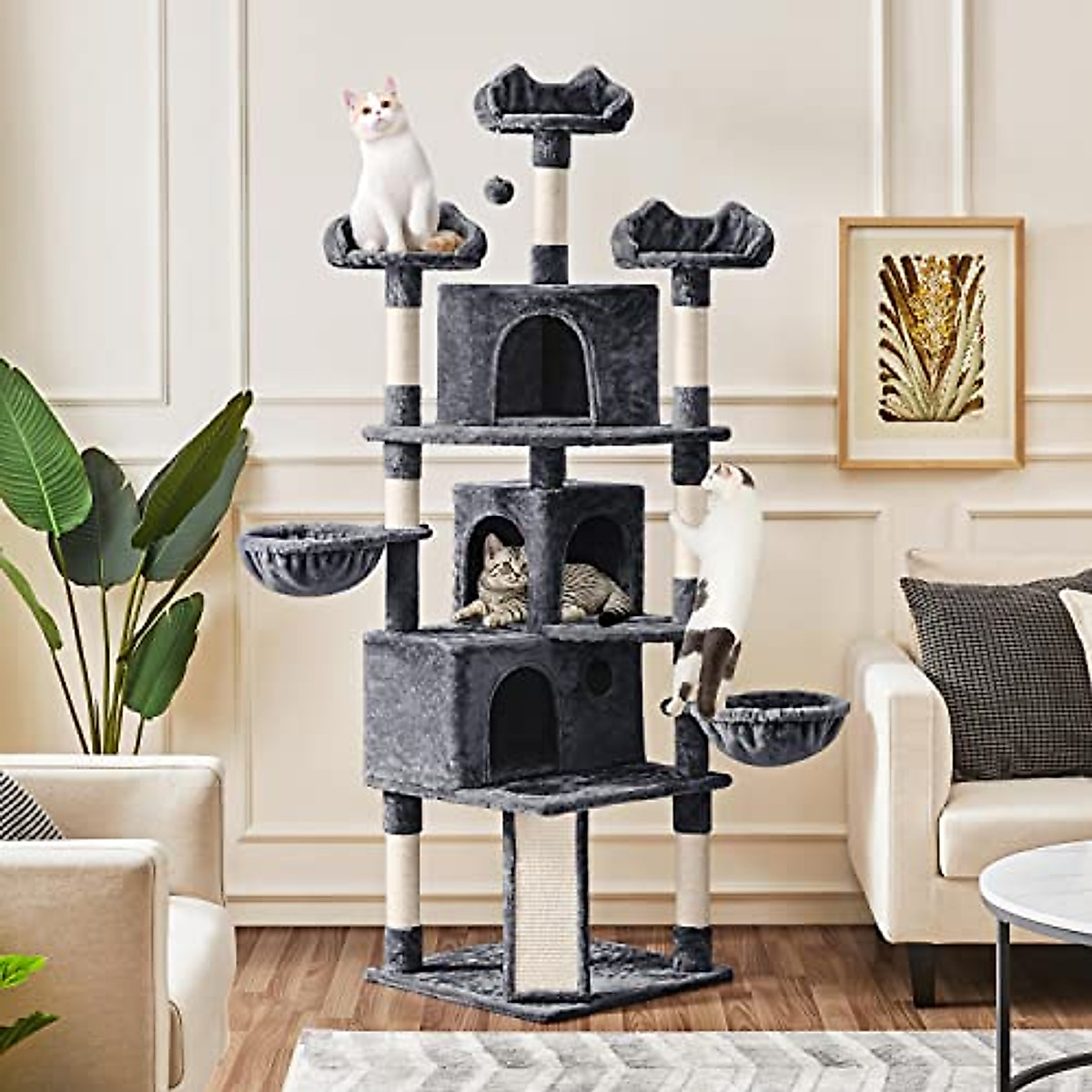Yaheetech 76.5in Cat Tree Cat Tower with 3 Condos, 3 Cozy Perches with Dangling Ball, Scratching Posts, 2 Baskets, Pet Bed Furniture Activity Center for Indoor Cats and Kittens