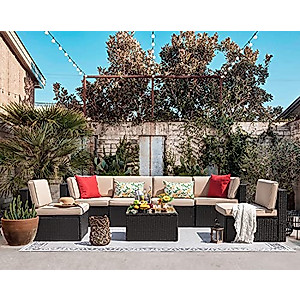 Devoko 7 Pieces Outdoor Sectional Sofa Patio Furniture Sets Manual Weaving Wicker Rattan Patio Conversation Sets with Cushion and Glass Table (Beige)