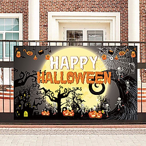 Famoby Happy Halloween Theme Fabric Sign Poster Banner Backdrop with Pumpkin,Ghouls, bat,spide,Moon for Halloween Photo Booth Background Party Decoration
