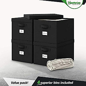 Storage Bins With Lids and Labels (Set of 4) - Heavy-Duty Empty Fabric Storage Organizers with Removable Lids & Dual Handles. Great For Photos, Toy box, Linen Closet, Clothes (33 QT - Black)