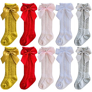 Baby Girls Knee High Socks Bow Thread Toddler Breathable Long Sock Cable Knit Tube (0-12 Months, Grey/Pink/Yellow/White/Red)
