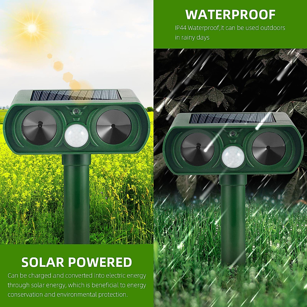 4 Pack Solar Animal Repellent Ultrasonic Cat Repellent Outdoor Deer Repellent Devices with Motion Sensor Animal Deterrent Solar Animal Repeller Keep Squirrel Rabbit Raccoon Skunk Out of Yard(Green)