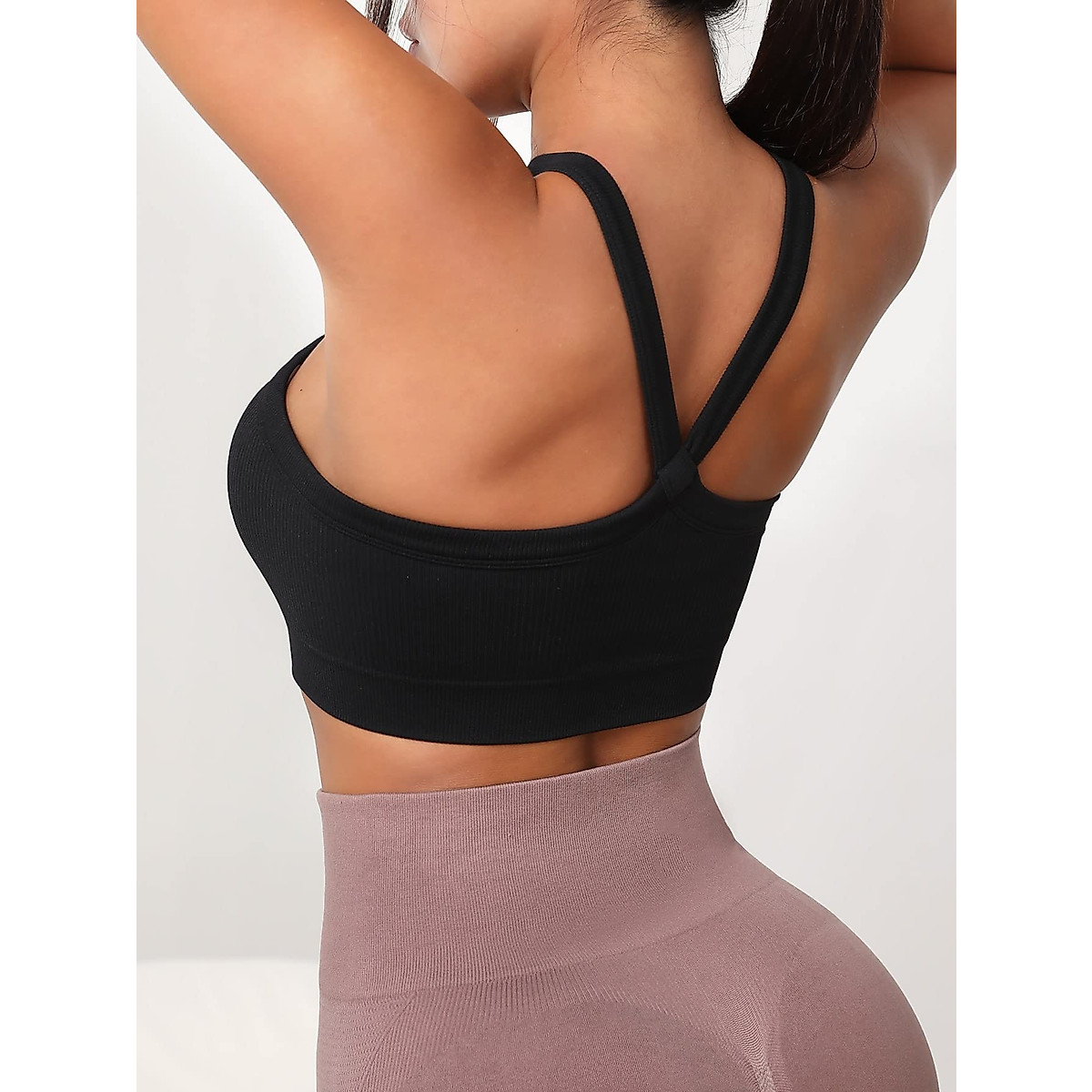 COZYEASE Women's Criss Cross Ribbed Knit Sports Bra Seamless Crop Top Yoga Bras Black S