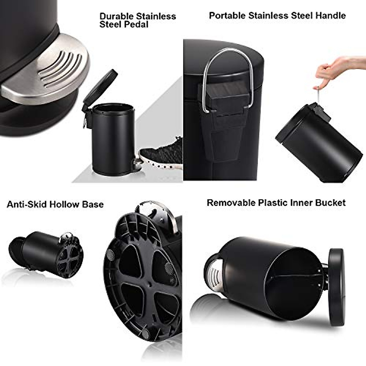 YCTEC 0.8 Gallon/3 Liter Mini Trash Can with Lid Soft Close and Removable Inner Waste Basket, Round Small Garbage Can, Step Trash Bin for Bathroom Bedroom Office Nursery, Steel Pedal, Black