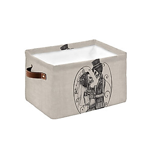 Storage Bins for Organizing, Halloween Skeleton Bride Groom Decorative Large Closet Organizers with Handles Cubes - 1 Pack Fabric Baskets for Shelves, Closets, Laundry, Nursery