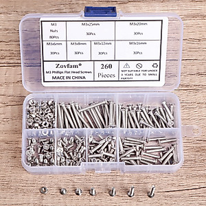 M3 Phillips Flat Head Screws Countersunk Bolts Nuts 304 Stainless Steel Nuts and Bolts Assortment Kit M3 x 6mm/ 8mm/ 12mm/ 16mm/ 20mm/ 25mm Metric Bolt Kit 260Pcs