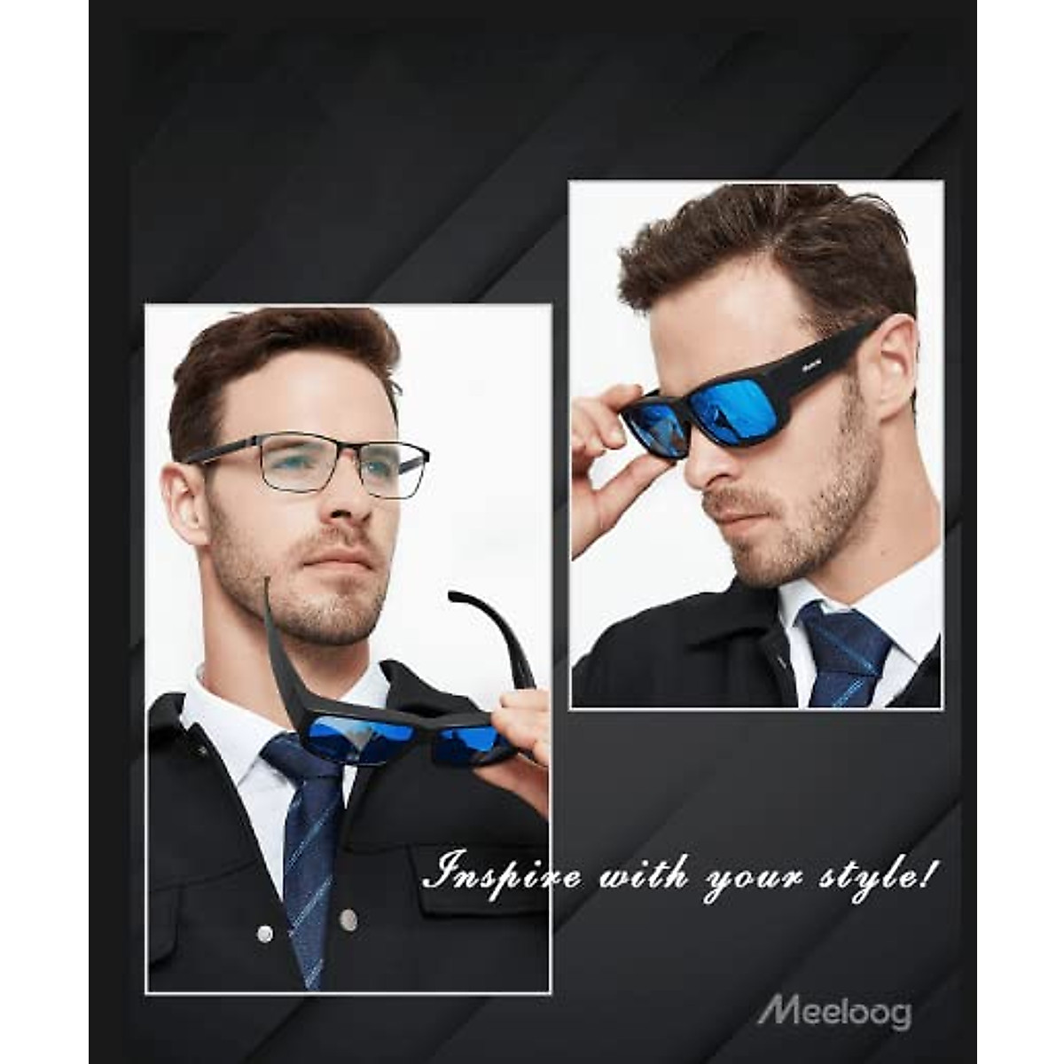 Meeloog Polarized Fit Over Glasses Sunglasses For Men, Rectangle Wrap Around Sun Glasses for Driving Riding Fishing MST0006 (P1 Black Frame/Blue Mirrored Lens)