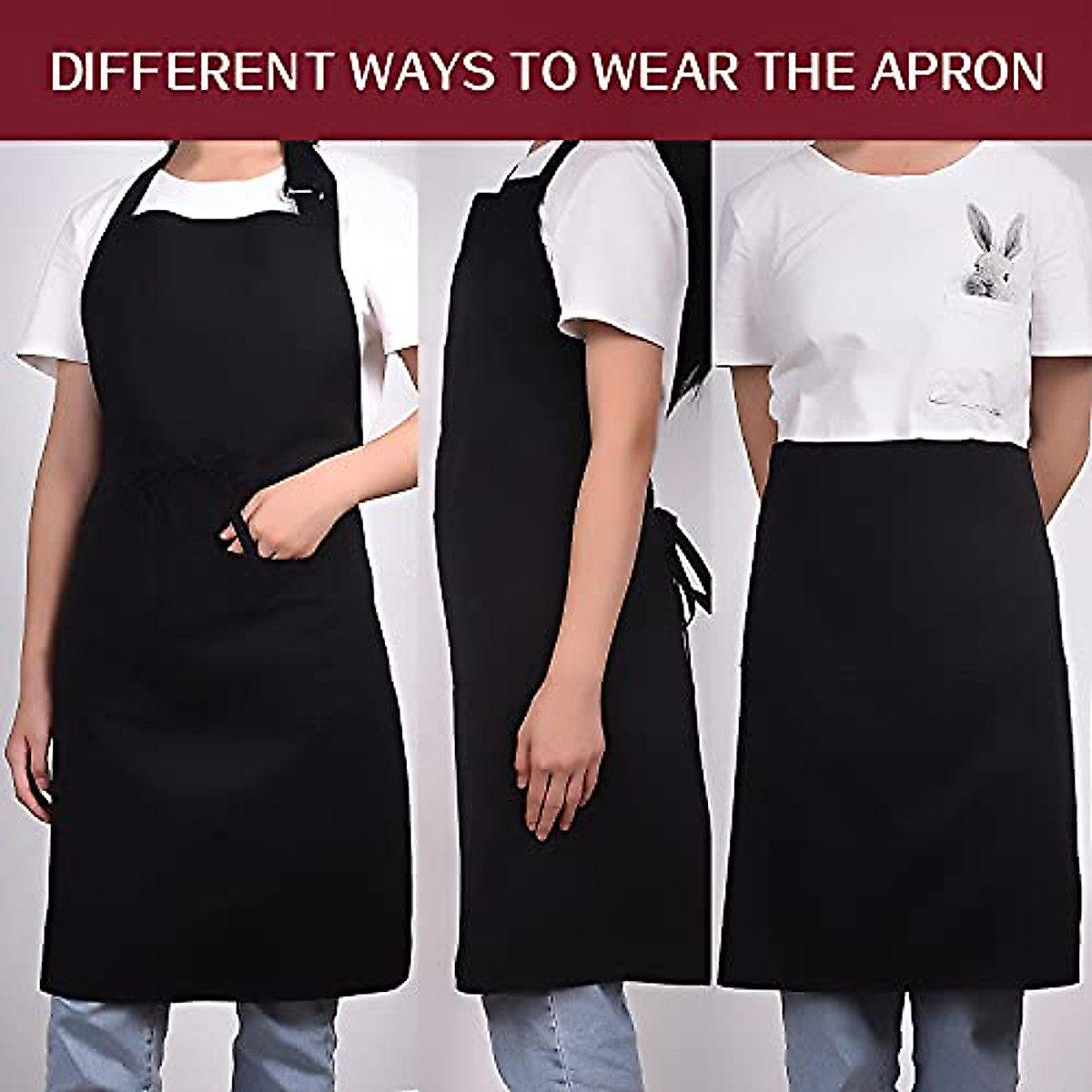 WOPOKY Cotton Blend Waterproof Apron With 2 Pockets for Men Women - Cooking Kitchen Chef Arpon BBQ Work Painting Apron - Black/Burgundy/Dark Geen/Orange (1 Pack) (Black)
