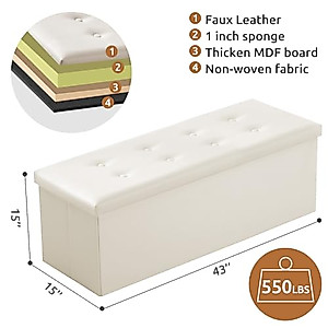 YOUDENOVA 43 Inches Folding Storage Ottoman Bench, Ottoman with Storage Footrest for Living Room, Bed End Bench Chest Seat with Divider, Faux Leather White