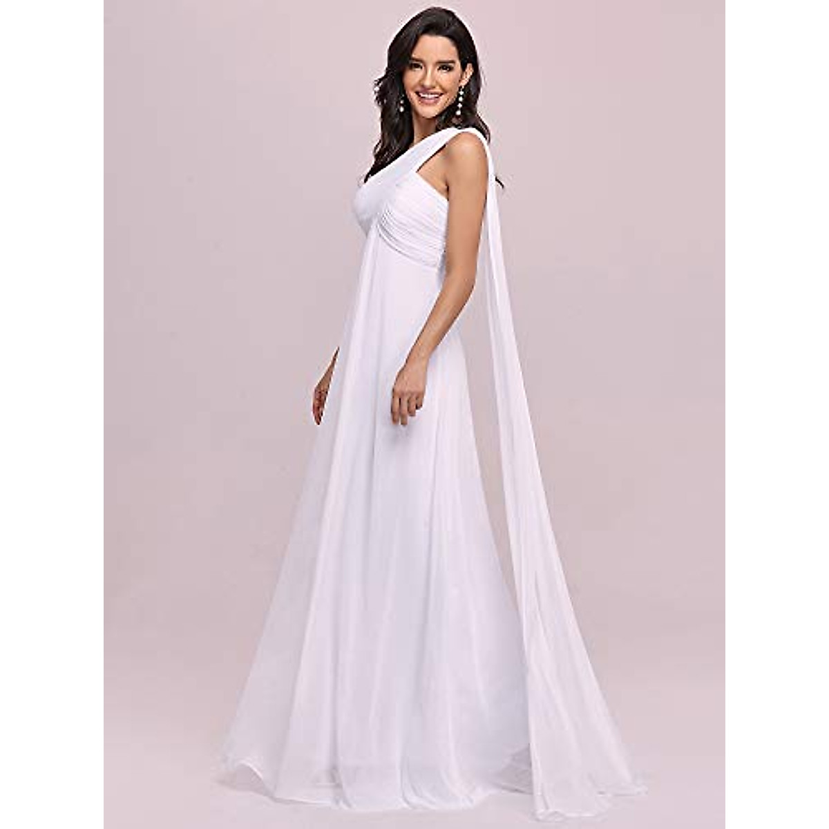 Ever-Pretty Women's Summer One-Shoulder Empire Waist Chiffon Pleated Maxi Formal Dress White US6