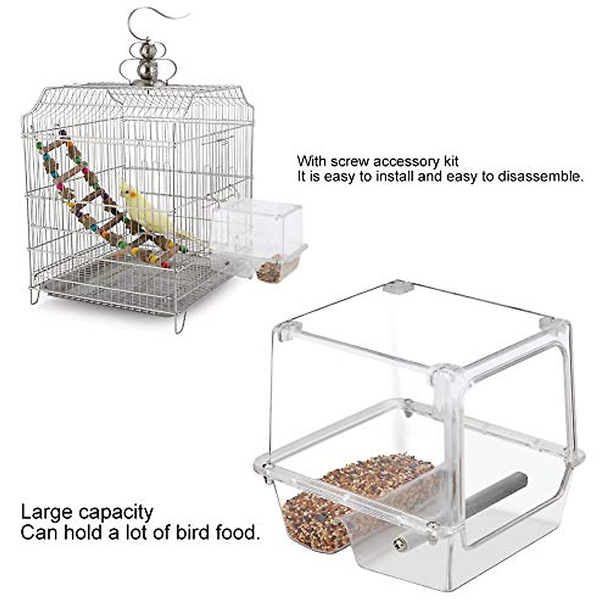 Bird Feeder, Automatic Bird Feeder for Cage Transparent Plastic Bird Seed Feeder Food Container Feeding Station for Canary Cockatiel Finch Parakeet