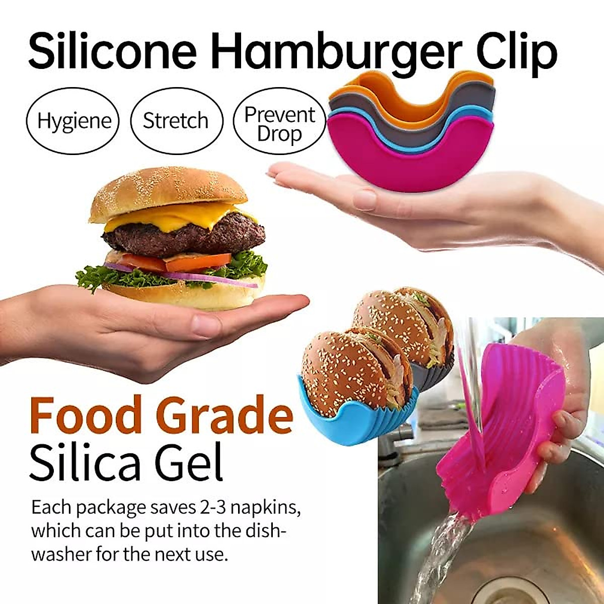 Burger Holder Take It 4 Pack Retractile Retractable Reusable Hamburger Sandwich Burger Holders | Hygienic Silicone Holder | No Mess Container | Burger Holder