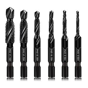 6 Packs Combination Drill & Taps Bit Set, Screw Tapping in SAE Size 6-32nc 8-32nc 10-32nc 10-24nc 12-24nc 1/4-20nc with Anti-Rust Black Coating, 1/4” Hex Shank and Storage Case