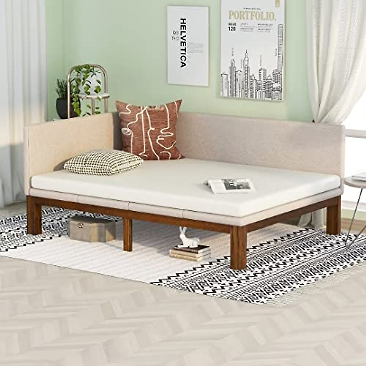 Ayvbir Sofa Bed Full Size Upholstered Daybed,Classic Mid-Century Simple Modern Design Daybed Frame with Linen Fabric Bed Sofa for Bedroom Living Room,Beige