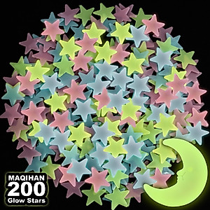 MAQIHAN 200 Glow in The Dark Stars for Ceiling - Glowing Stars and Moon Stickers Estrellas que brillan en la oscuridad para el techo de cuarto Plastic Space Galaxy Decals Bedroom Wall Decorations