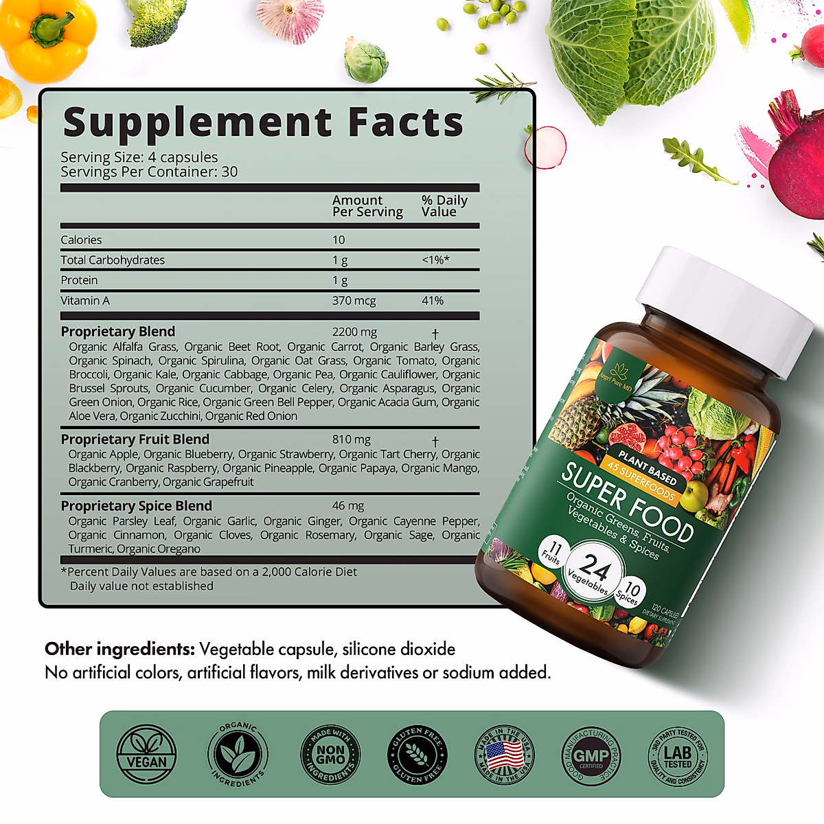 Angel Pure MD Superfood Greens Fruit and Veggies Supplement - USDA Organic Super Greens & Super Reds Vegetable Supplements for Adults - Cruciferous Vegetables Supplement for Immunity & Gut Health
