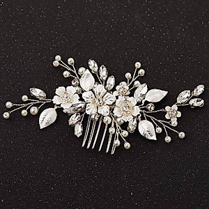 SWEETV Silver Bridal Hair Comb for Wedding Hair Accessories, Handmade with Crystals, Pearls, and Leaves, 4.72 x 2.75 inches, for Brides, Women