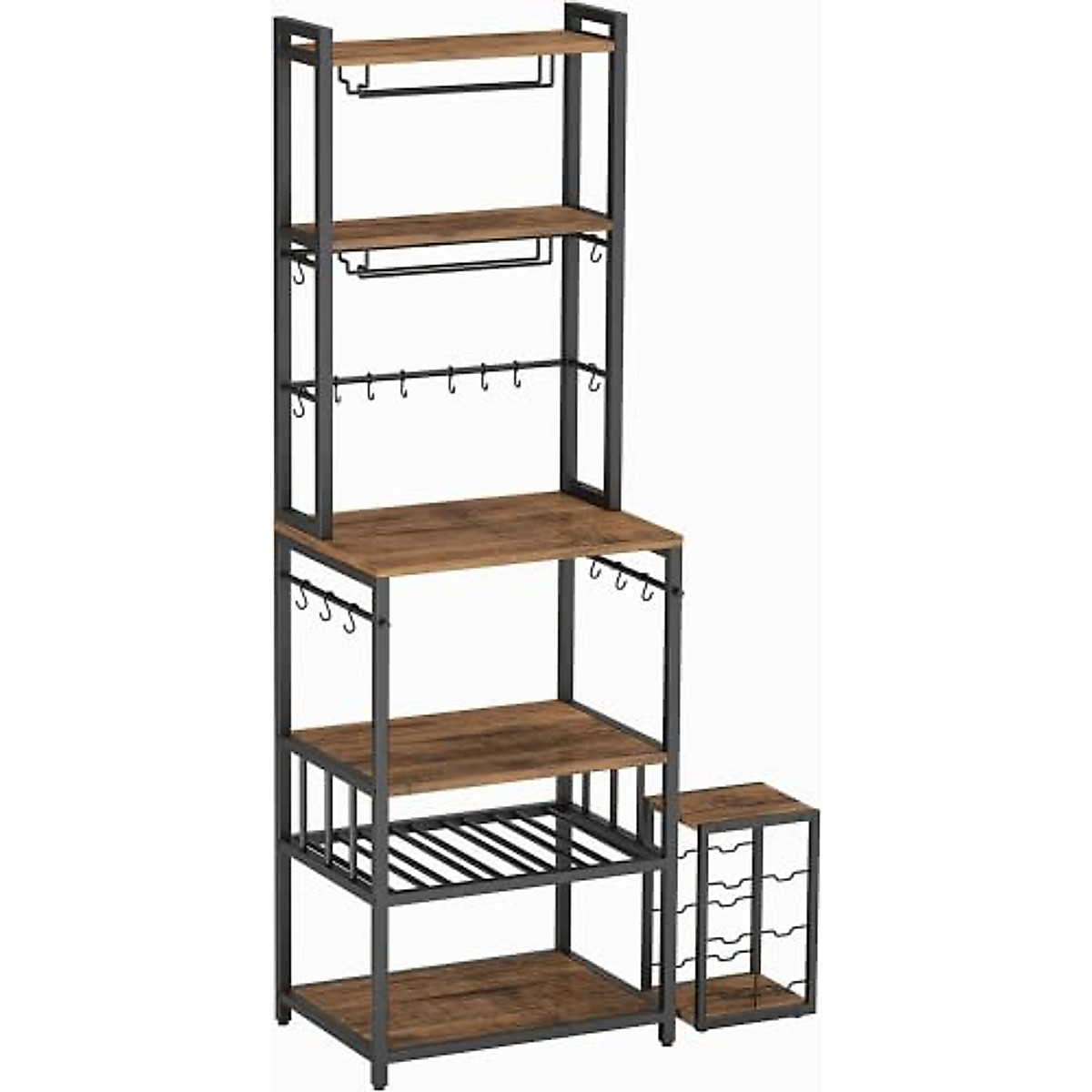 Amosic Wine Baker Rack, Industrial Wine Bar Cabinet, 6-Tier Wine Storage Display Shelves, Floor Liquor Wine Cabinet Storage with Rustic Wood Countertop Wine Rack 6 Bottles, for Bar (Rustic Brown)