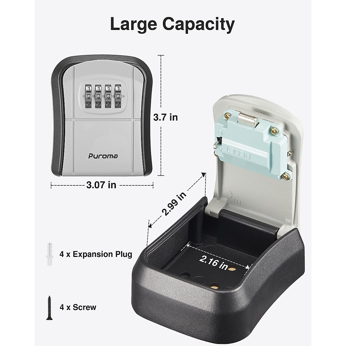 Puroma Key Lock Box Combination Lockbox Wall-Mounted Key Storage Box for House Keys, Resettable Code Safe Security Lock Box for Home, Office, Garage, Apartment Spare Key Storage (1 Pack, Grey)