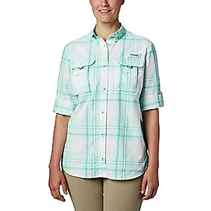 Columbia Women's Super Bahama Long Sleeve Shirt, Light Mint Plaid, 2X