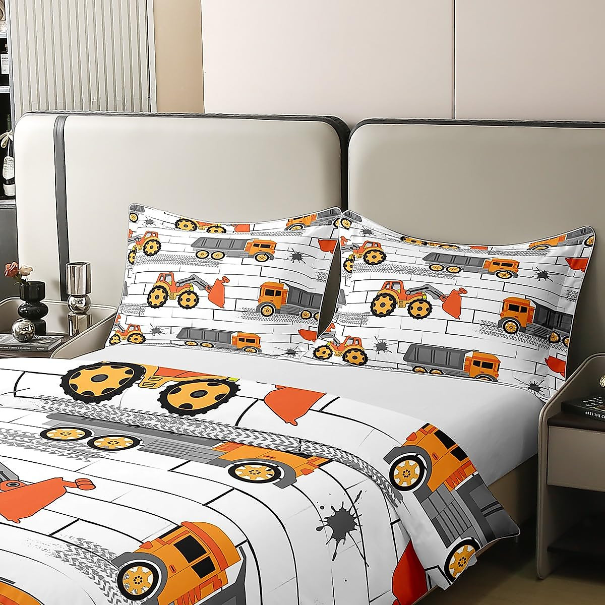 Excavators 100% Natural Cotton Duvet Cover Queen Size Tractor and Truck Comforter Cover with 2 Pillowcases Machinery Cars Construction Vehicle Bedding Set 3 Pcs Bed Cover