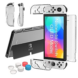 Teyomi Dockable Case Compatible with Nintendo Switch OLED Model 2021, Soft TPU Joy-Con Cover and Hard PC Protective Case Cover with 6pcs Silicone Thumb Grip Caps, Switch OLED Case Protector(Clear)