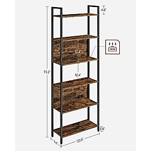 VASAGLE ALINRU 6-Tier Bookshelf, Tall Storage Shelves, Shelving Unit with Steel Frame, for Living Room, Entryway, Hallway, Office, Industrial Style, Rustic Brown and Black ULLS113B01