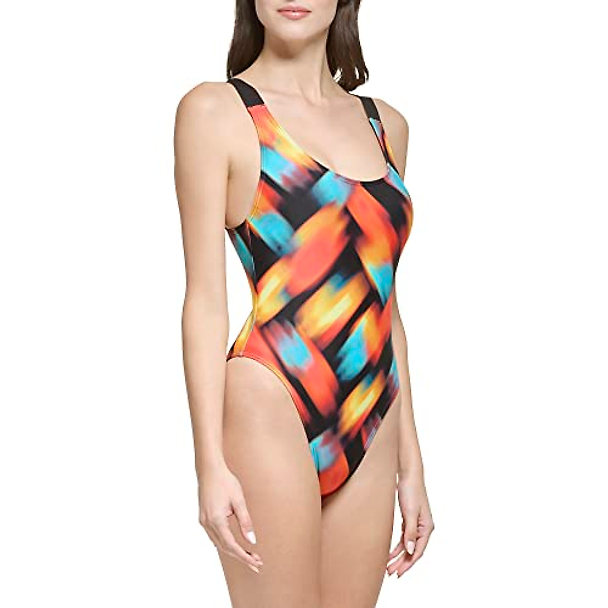 Calvin Klein Women's Standard Logo Elastic Straps Low-Cut Back Removable Soft Cups One Piece, Black City Lights