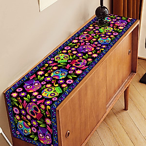 Nepnuser Day of The Dead Table Runner Sugar Skull Dia De Los Muertos Decoration Mexican Fiesta Halloween Theme Party Supply Linen Kitchen Dining Room Home Decor (13" x 72")