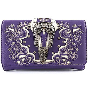 Zelris Western Floral Blossom Buckle Women Crossbody Wrist Trifold Wallet (Purple)