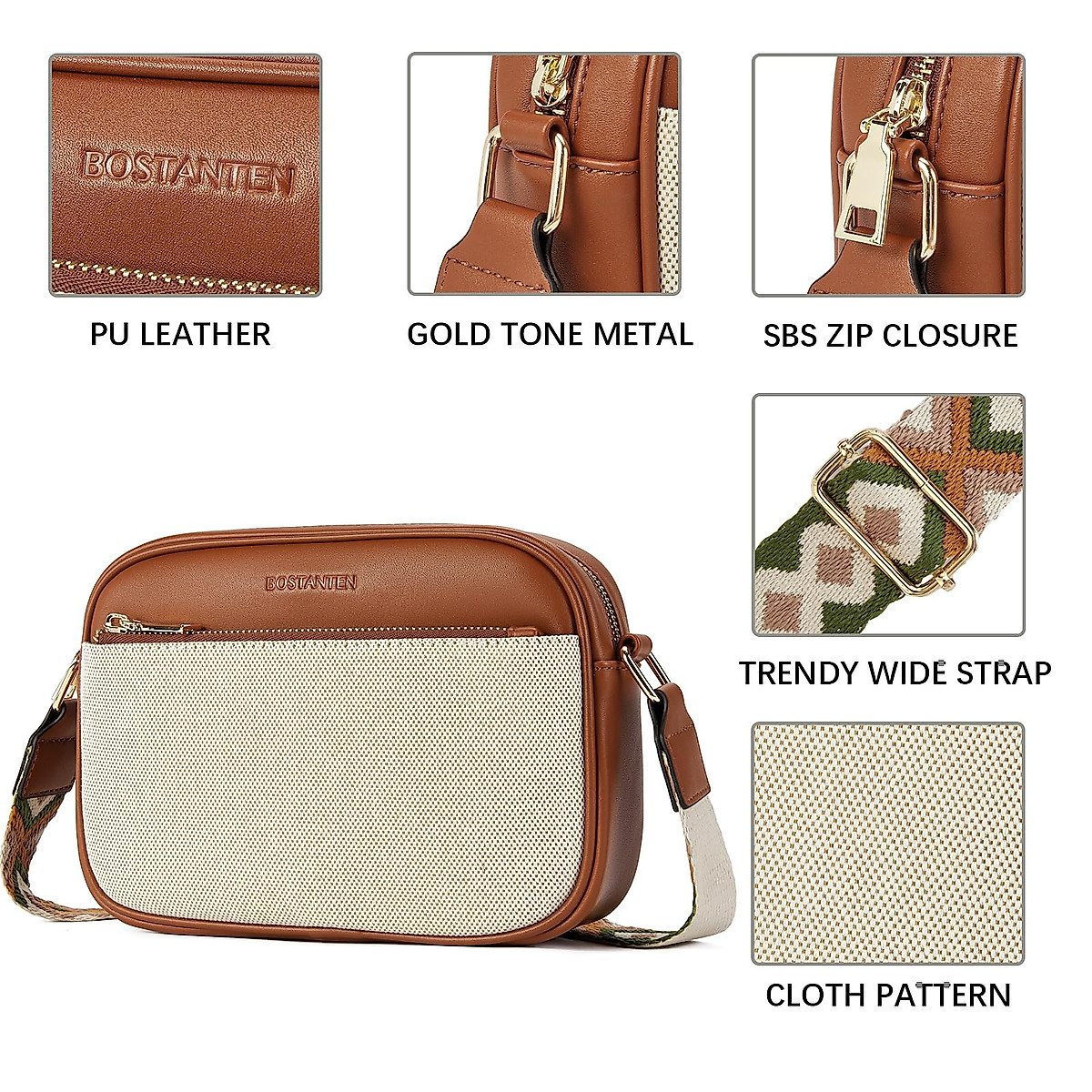 BOSTANTEN Quilted Crossbody Bags for Women Vegan Leather Purses Small Shoulder Handbags with Wide Strap Brown with Cloth Pattern