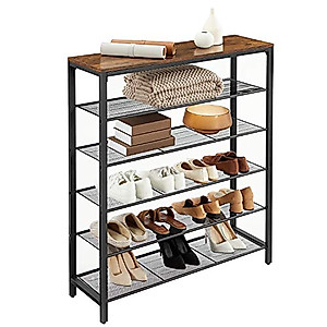 VASAGLE 6-Tier Shoe Rack, Shoe Organizer for Closet, Entryway, 24-30 Pairs of Shoes, Large Shoe Rack Organizer with 5 Metal Mesh Shelves, 11.8 x 39.4 x 43.3 Inches, Rustic Brown and Black ULBS016B01