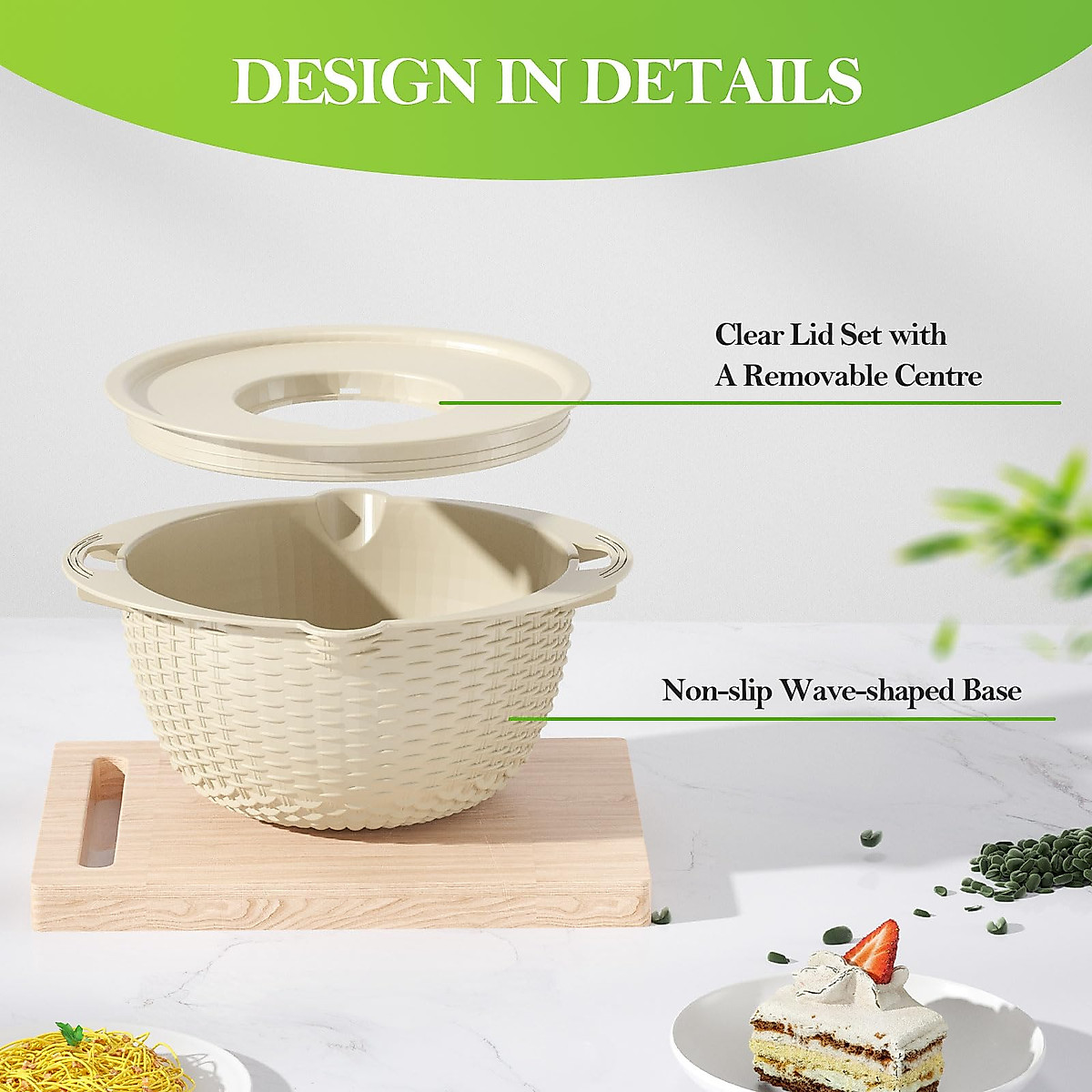 4-1 Colander with Bowl Set - Strainers for Kitchen, Food Strainers and Colanders, Pasta Strainer, Rice Strainer, Fruit Cleaner, Veggie Wash, Salad Spinner, Apartment & Home Essentials - Beige