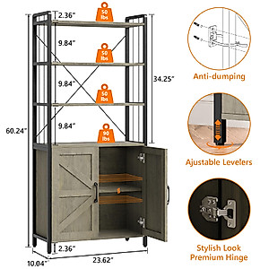 Vabches Modern Industrial Bookshelves and Bookcases with Doors Floor Standing 6 Shelf Display Storage Shelves Wood and Metal Tall Bookcase for Home Office, Living Room, Grey