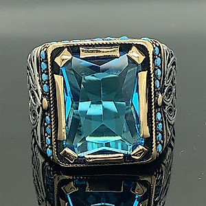 Men Aquamarine Stone Ring, Blue Stone Ring, Vintage Men Ring, Turkısh Ottoman Men Ring, 925k Sterling Silver Ring,