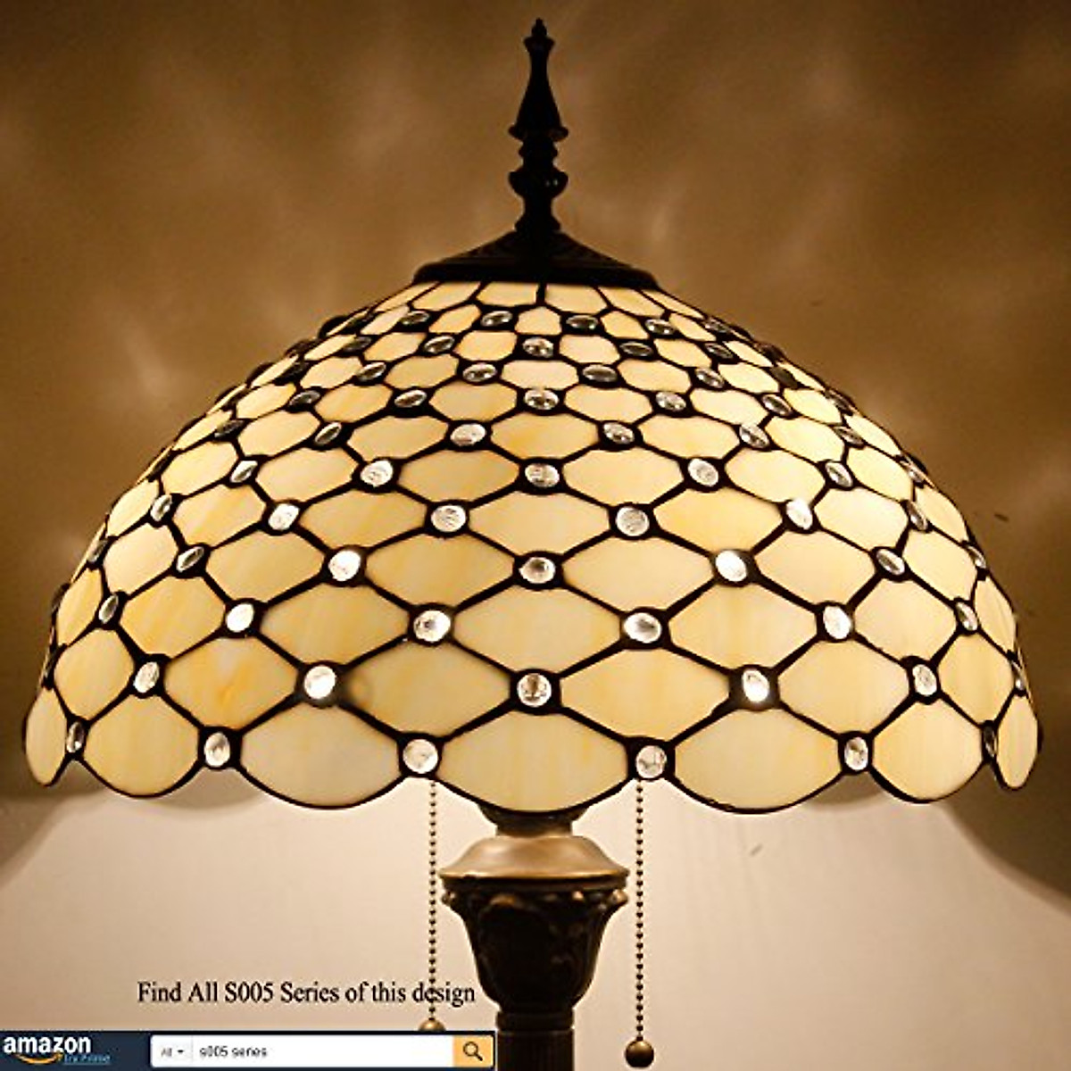 WERFACTORY Tiffany Floor Lamp Cream Amber Stained Glass Bead Standing Reading Light 16X16X64 Inches Antique Pole Corner Lamp Decor Bedroom Living Room Home Office (LED Bulb Included) S005 Series