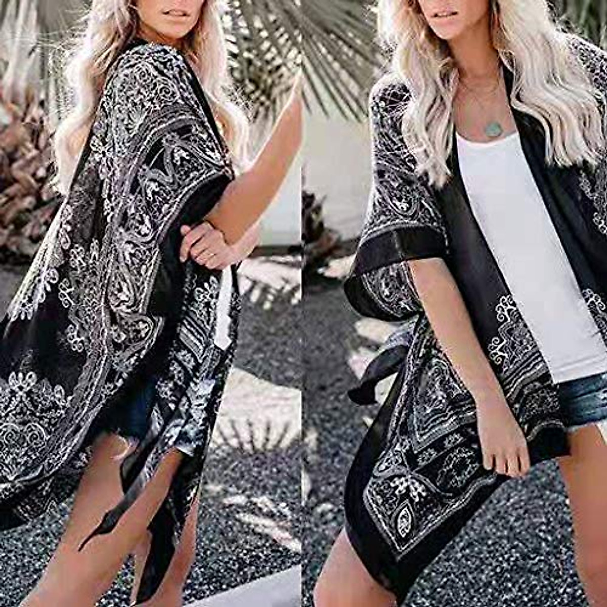Sunyastor Women's Sheer Chiffon Floral Kimono Cardigan Long Blouse Loose Tops Outwear Short Sleeve Summer Cover ups