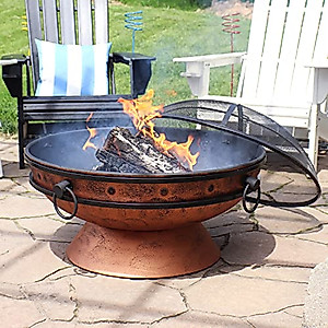 Sunnydaze 30-Inch Raised Outdoor Fire Pit Bowl - with Handles, Log Poker, and Spark Screen - Copper Finish