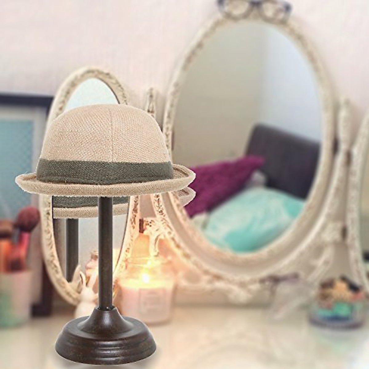 MyGift Dome Shape Metal Hat Stand - Antique Style Tabletop Cap and Wig Display Rack, Brown