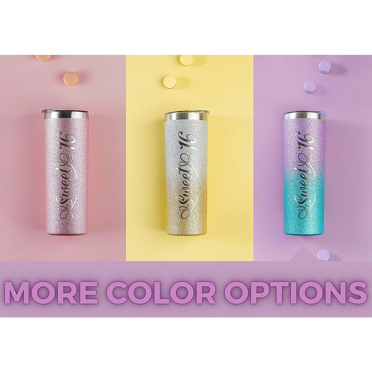 Onebttl Sweet 16 Gifts for Girls, Her, Daughter- Sweet Sixteen - 20oz/590ml Stainless Steel Insulated Glitter Tumbler with Straw, Lid, Message Card - (Purple-Blue Gradient)