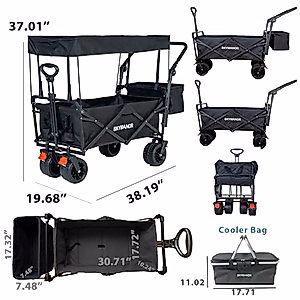 SKYMANOR Collapsible Wagon Folding Garden Cart with Removable Canopy Utility Wagon Cart with All-Terrain Wheels Brake Beach Cart for Sand Heavy Duty Beach Wagon for Camping Shopping (Black)