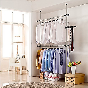 Goldcart 3202 Telescopic Garment Rack, Heavy Duty Design Movable DIY by Hand No Damage to Wall Ceiling Hanging Rail, 0.7-1.3 Meters Wide Adjustable, 120 Kilogram Loading, Reach Hook Included, White