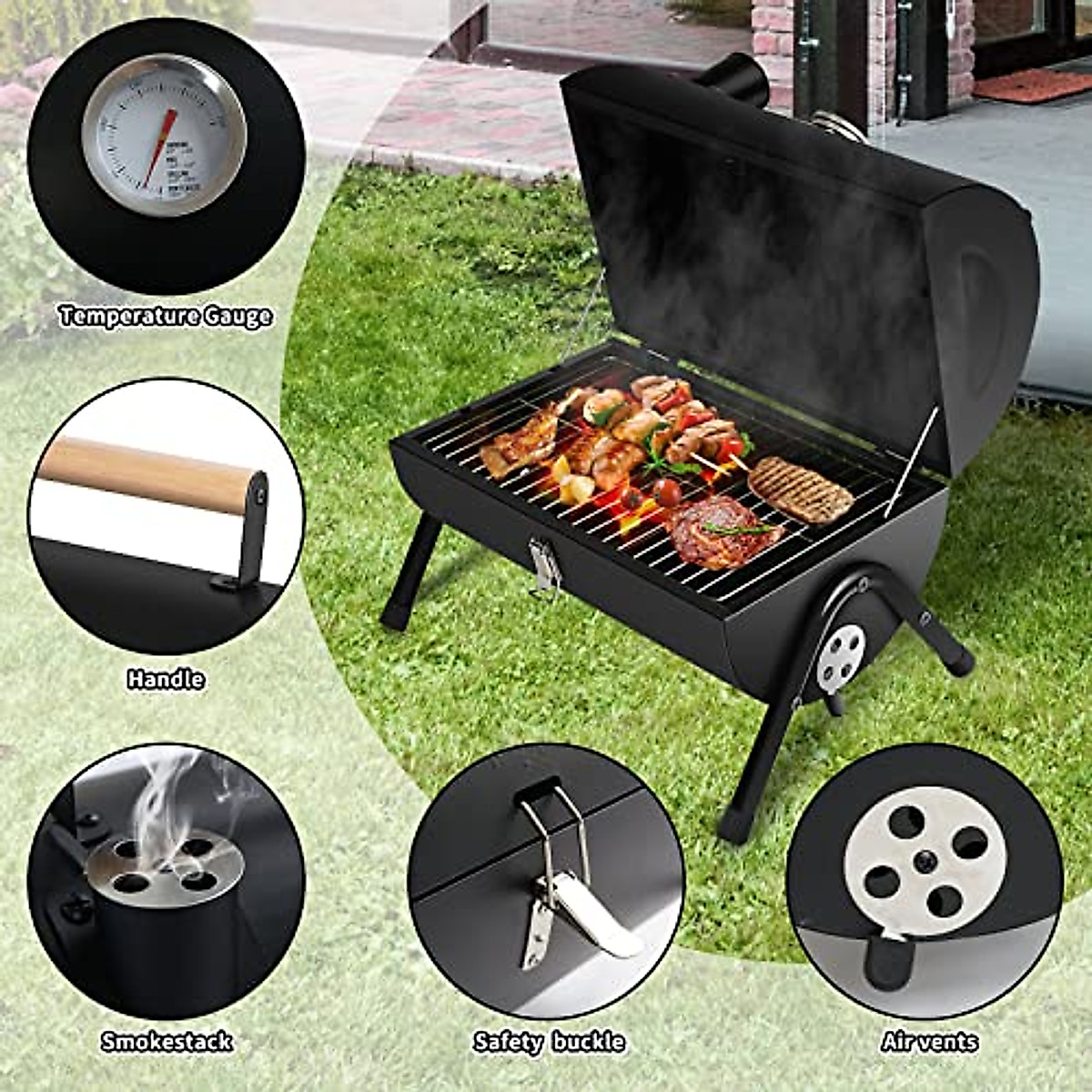 Gardenature Portable Charcoal Grill Mini Small BBQ Grill for Outdoor Cooking Camping and Picnic BBQ Charcoal Grill Set with Glove & Brush - Black