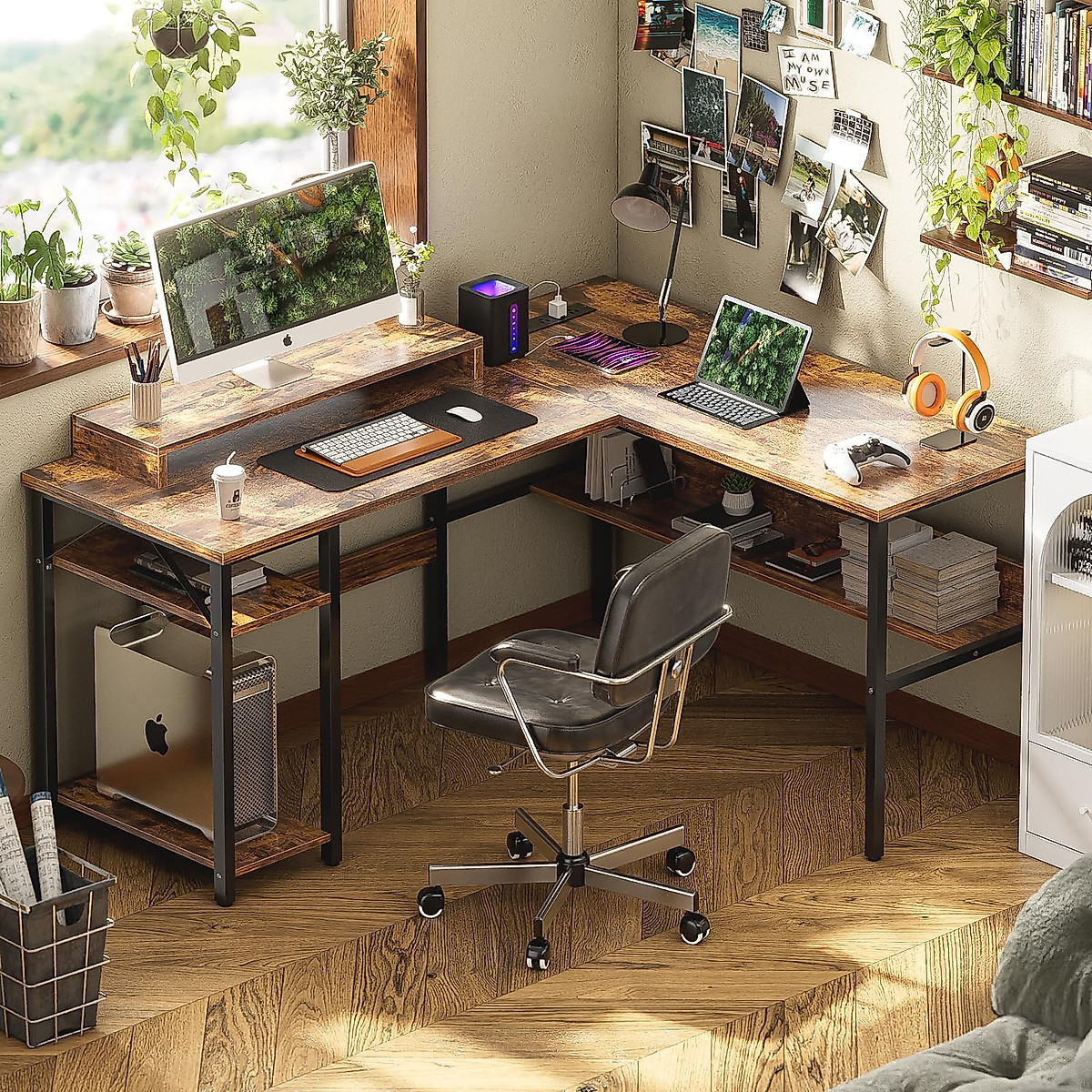 Unikito L Shaped Computer Desk with Magic Power Outlets and Smart LED Light, Sturdy Reversible Corner Desk with Monitor Stand & Storage Shelves, Home Office Work Desk, Easy to Assemble, Rustic